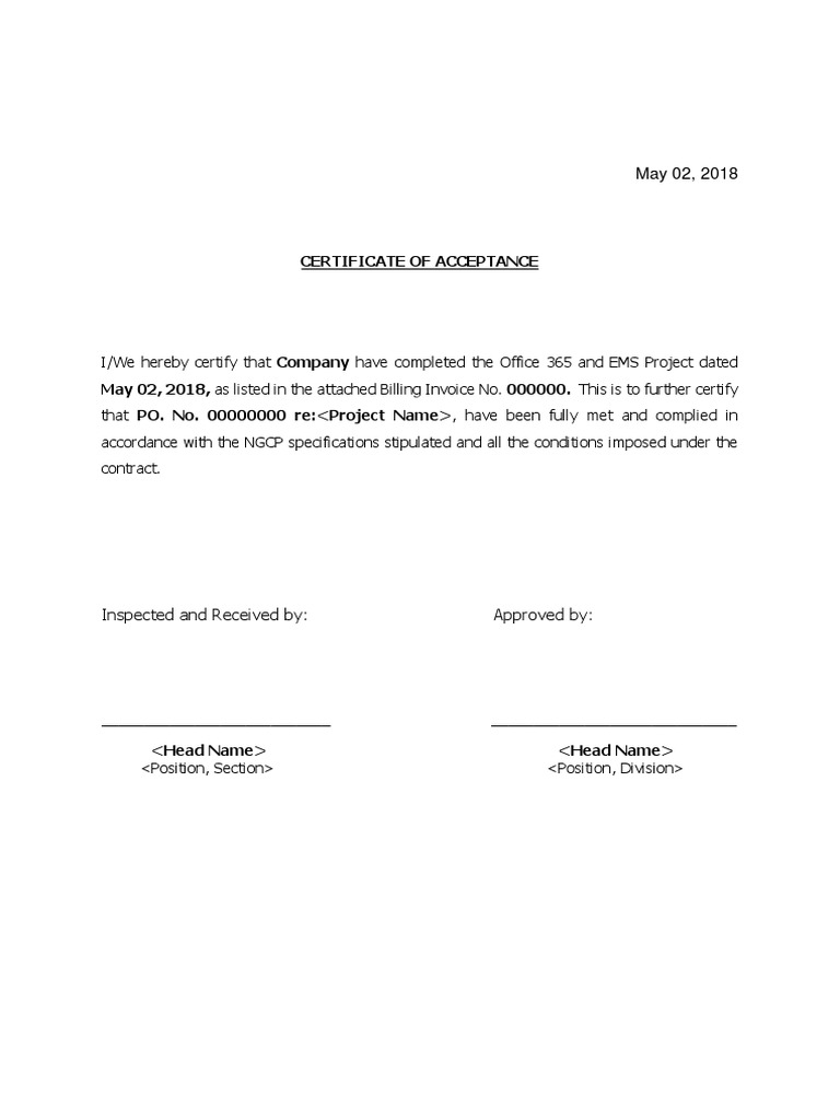 Certificate of Final Acceptance - Template - Blank | PDF