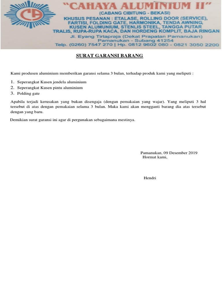 Surat Garansi Produk Aluminium 3 Bulan | PDF