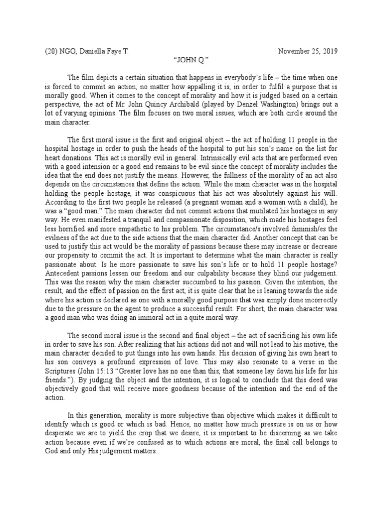 "John Q." Reflection Paper | PDF | Morality | Social Institutions