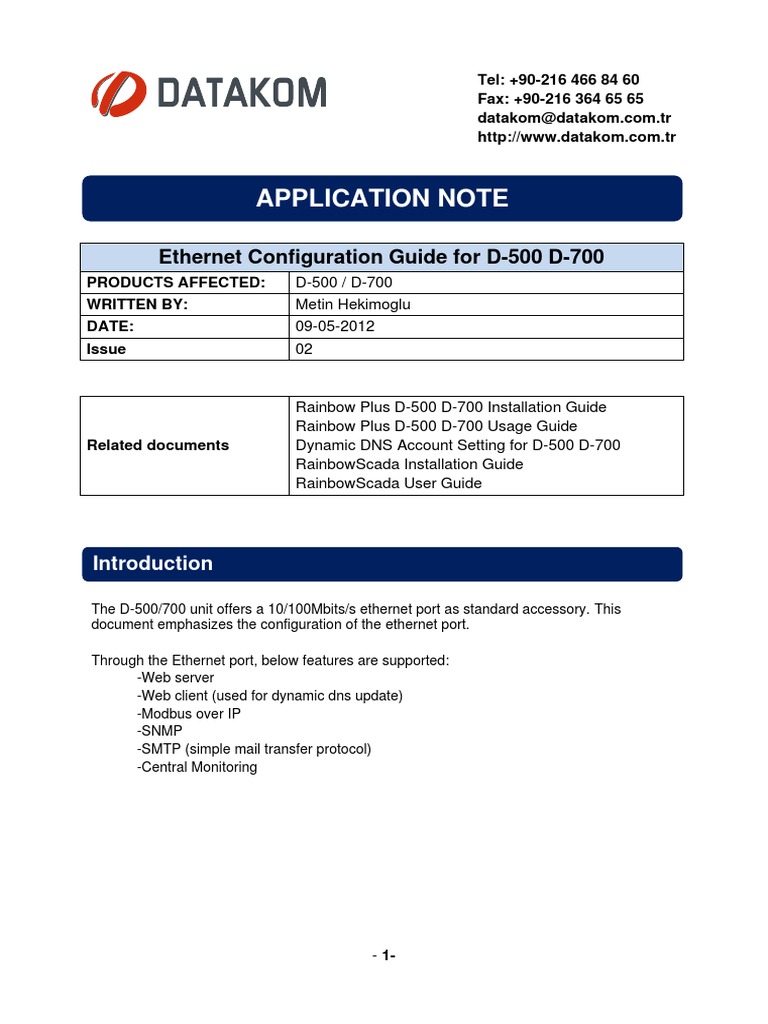DATAKOM D500 Ethernet Configuration | PDF | Ip Address | World Wide Web