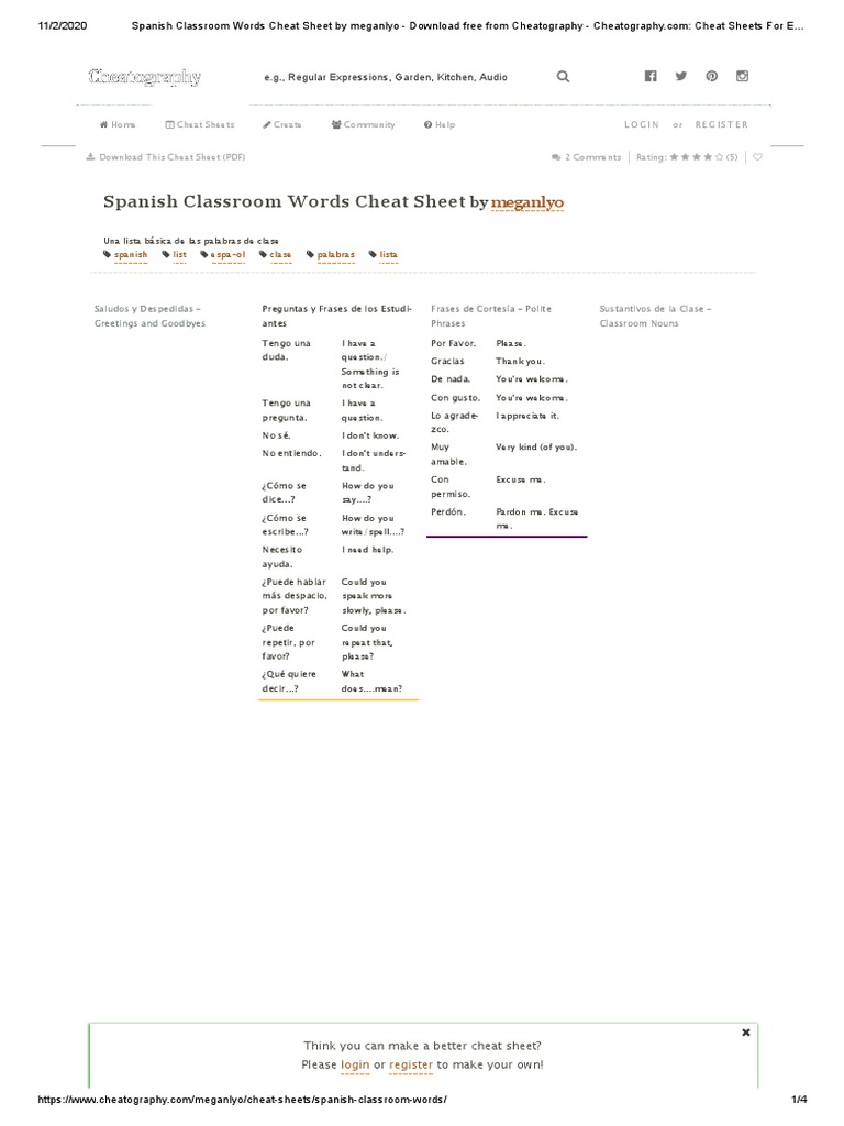 Spanish Classroom Words Cheat Sheet by Meganlyo - Download Free From ...