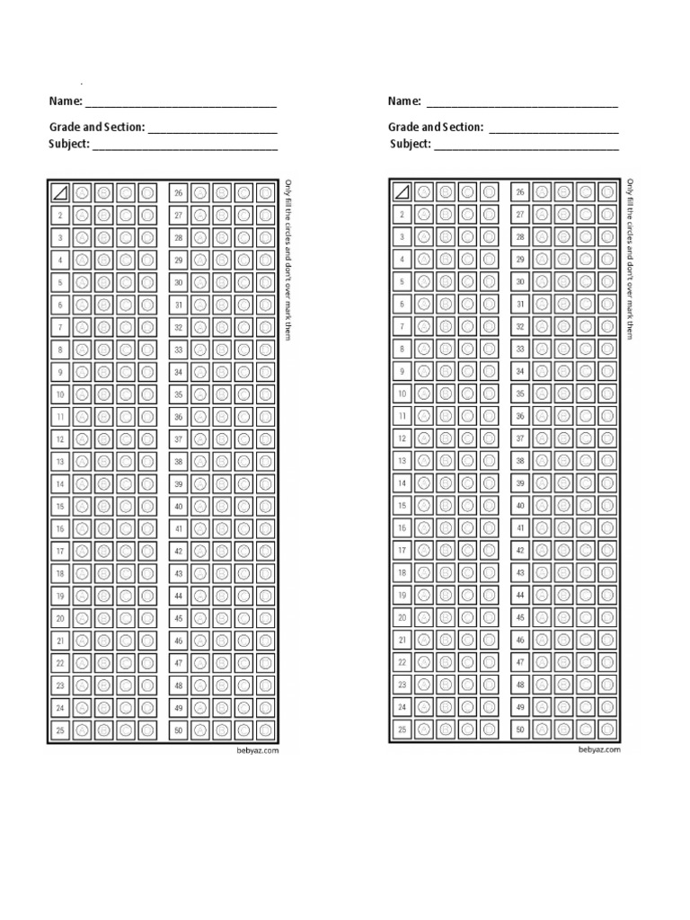 Answer Sheets 50 Items Mulitiple Choice | PDF
