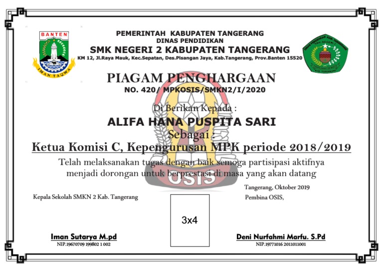 Contoh SERTIFIKAT RESMI MPK DAN OSIS | PDF