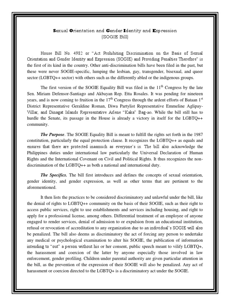 Sogie Bill | PDF | Discrimination | Ethical Principles