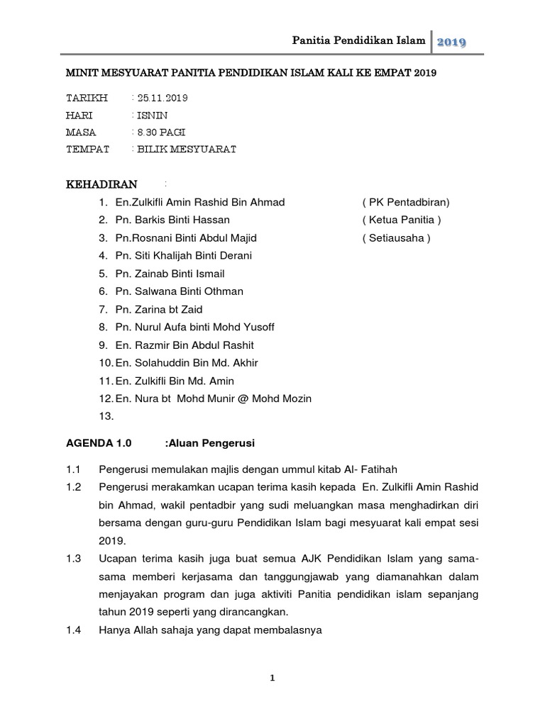 Minit Mesyuarat Panitia Pendidikan Islam Kali Ke Empat 2019 | PDF