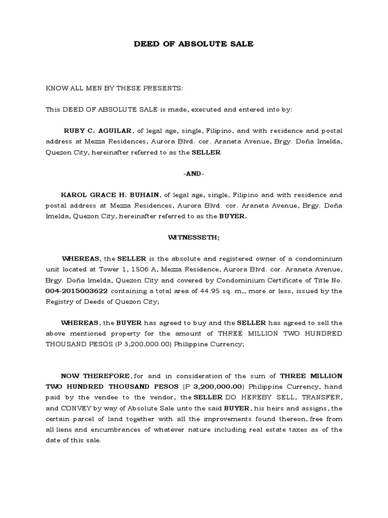 Deed of Absolute Sale of Condo Unit | PDF | Deed | Urban
