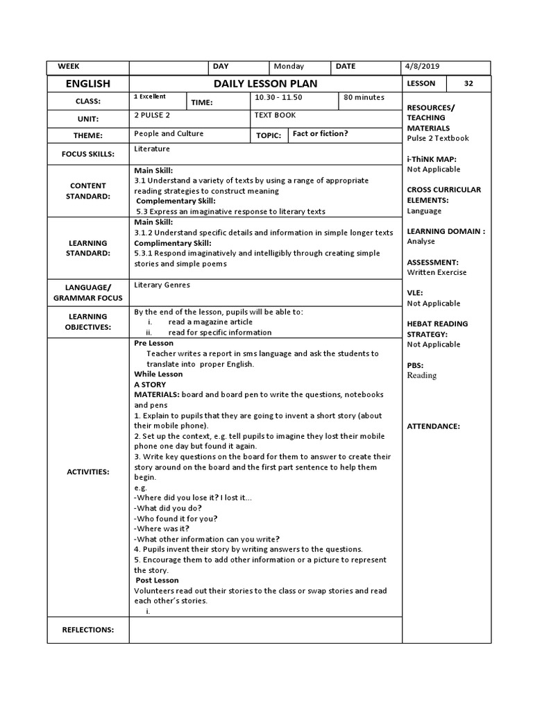 FORM 1 LESSON PLAN 2018 Pat 2019 | PDF | Lesson Plan | Narrative
