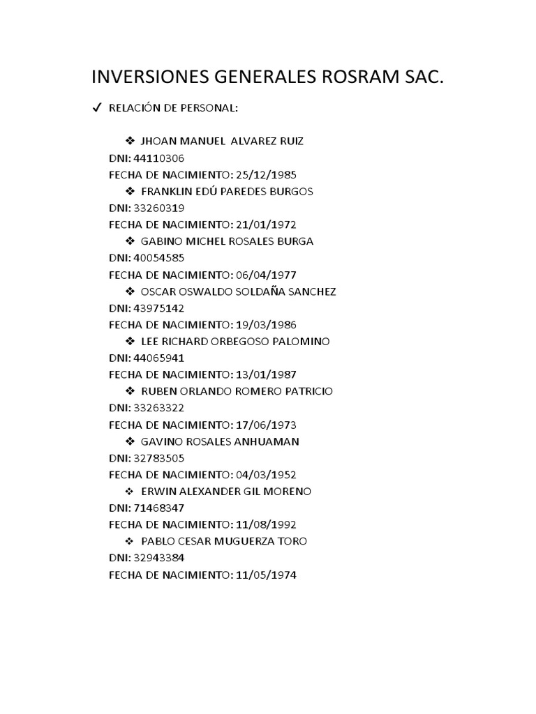 Inversiones Generales Rosram Sac Relación Personal | PDF