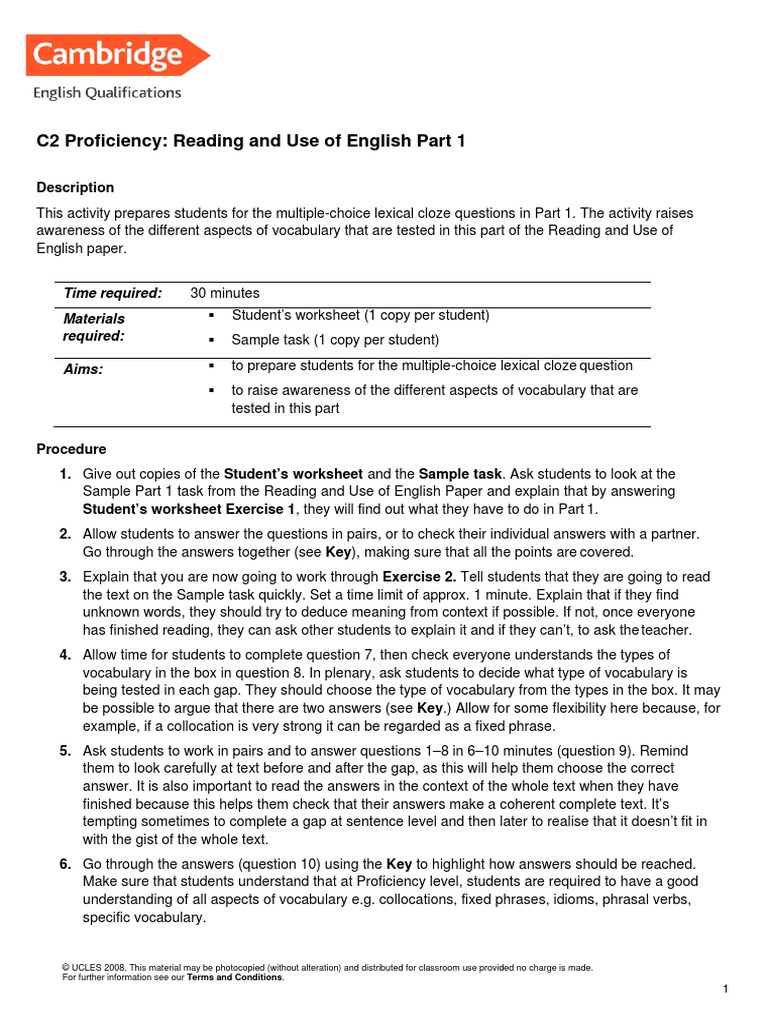 Cambridge English c2 Proficiency Reading Part 1 | PDF | Question | Phrase