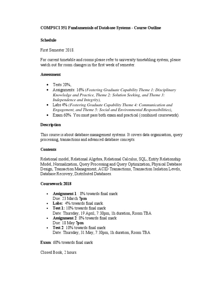 COMPSCI 351 Course Outline 2018 | PDF | Relational Database | Database Transaction