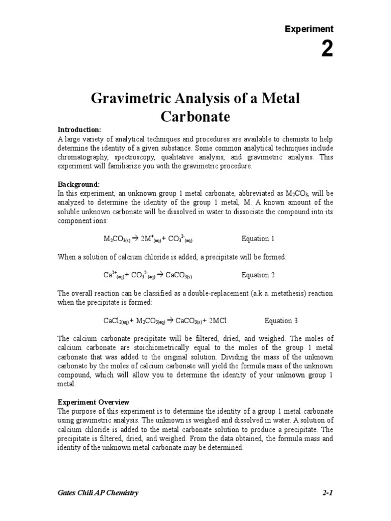 Ap Lab Manual 2 - Gravimetric Analysis of A Metal Carbonate | PDF ...