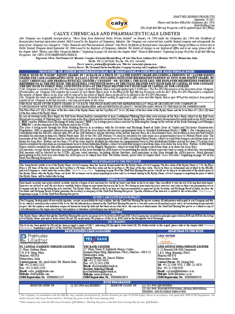 2012104151034DRHP Calyx Chemicals & Pharmaceuticals LTD | PDF | Stocks | Securities (Finance)