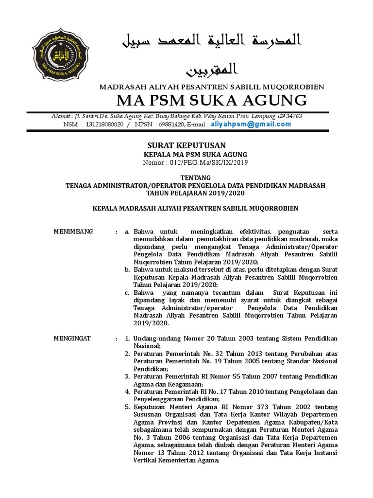 Contoh SK Operator Madrasah ALIYAH | PDF