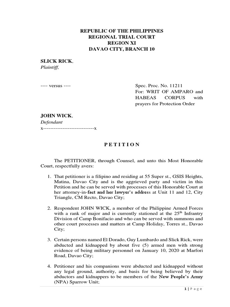 Pet Writ of Amparo and Writ of Habeas C | PDF | Kidnapping | Habeas Corpus