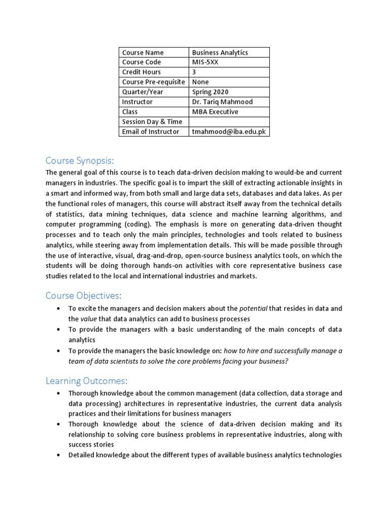 Business Analytics Course Outline 2020 | PDF | Predictive Analytics ...
