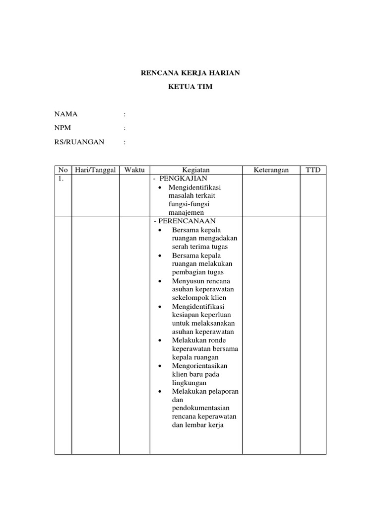 Rencana Kerja Harian Ketua Tim | PDF