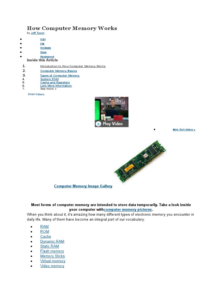 How Computer Memory Works-Howstuffswork | PDF | Random Access Memory | Central Processing Unit