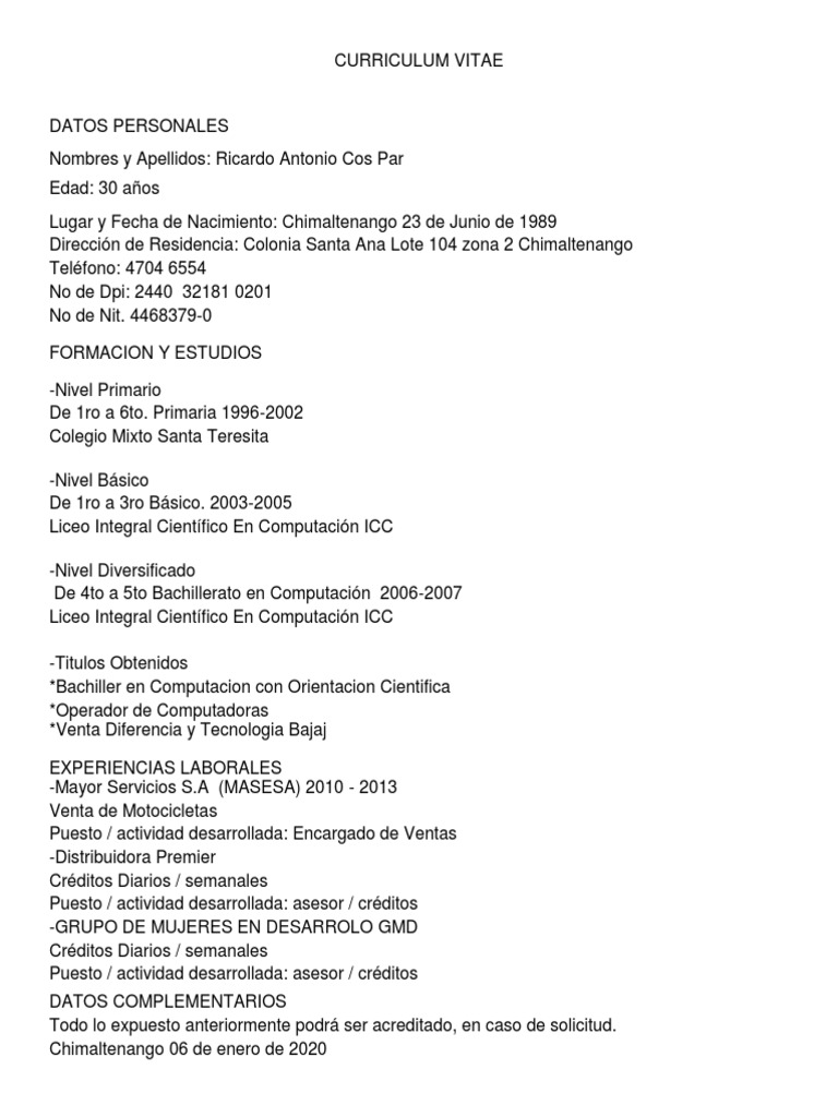 CURRICULUM Modelo | PDF | Finanzas y dinero