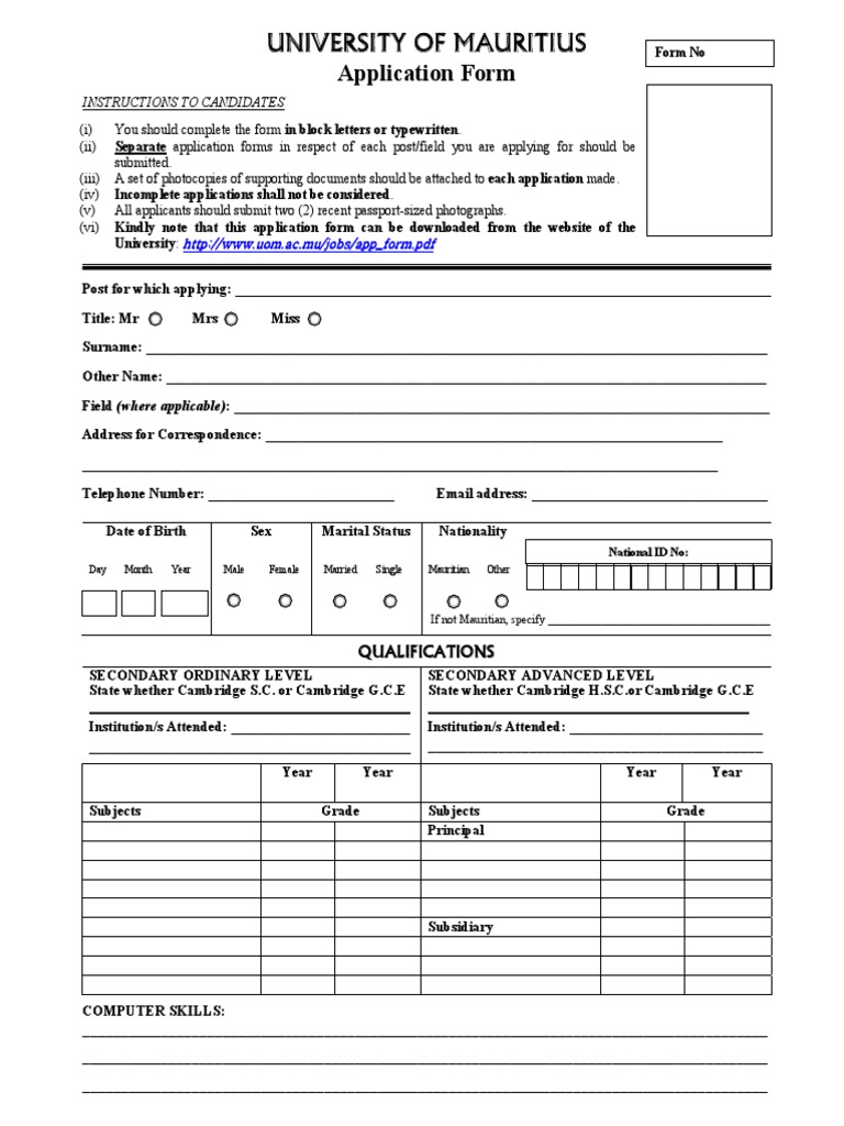 University of Mauritius Vacancies Job Vacancy Application Form | PDF ...
