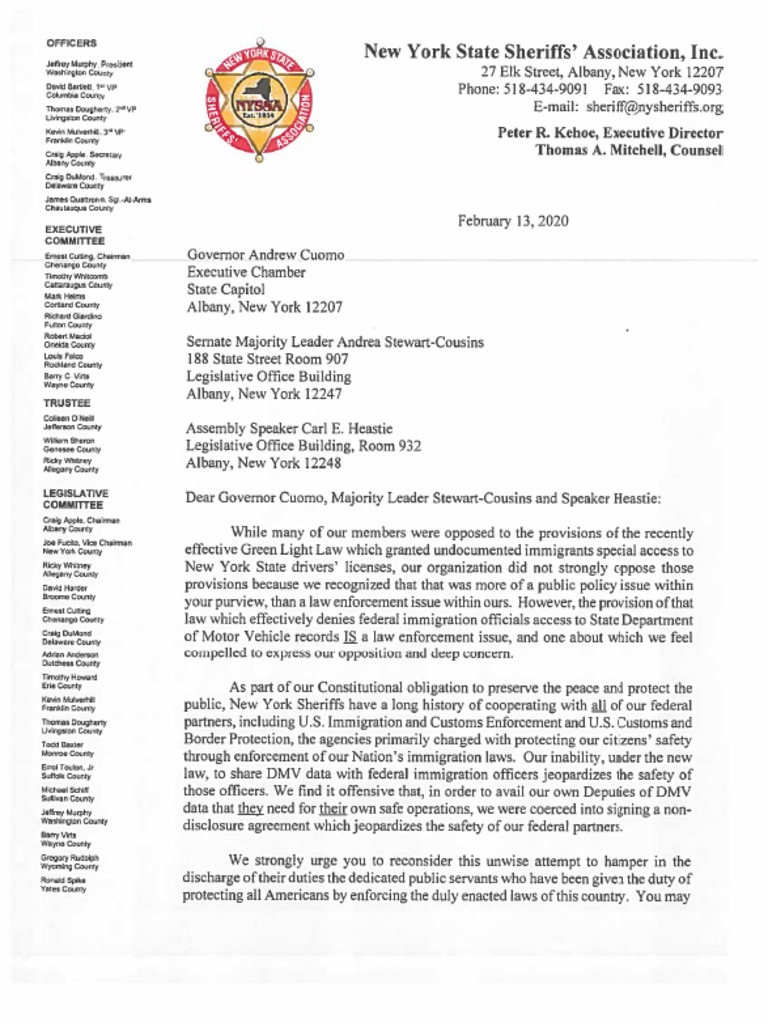 NY State Sheriffs Letter To Cuomo