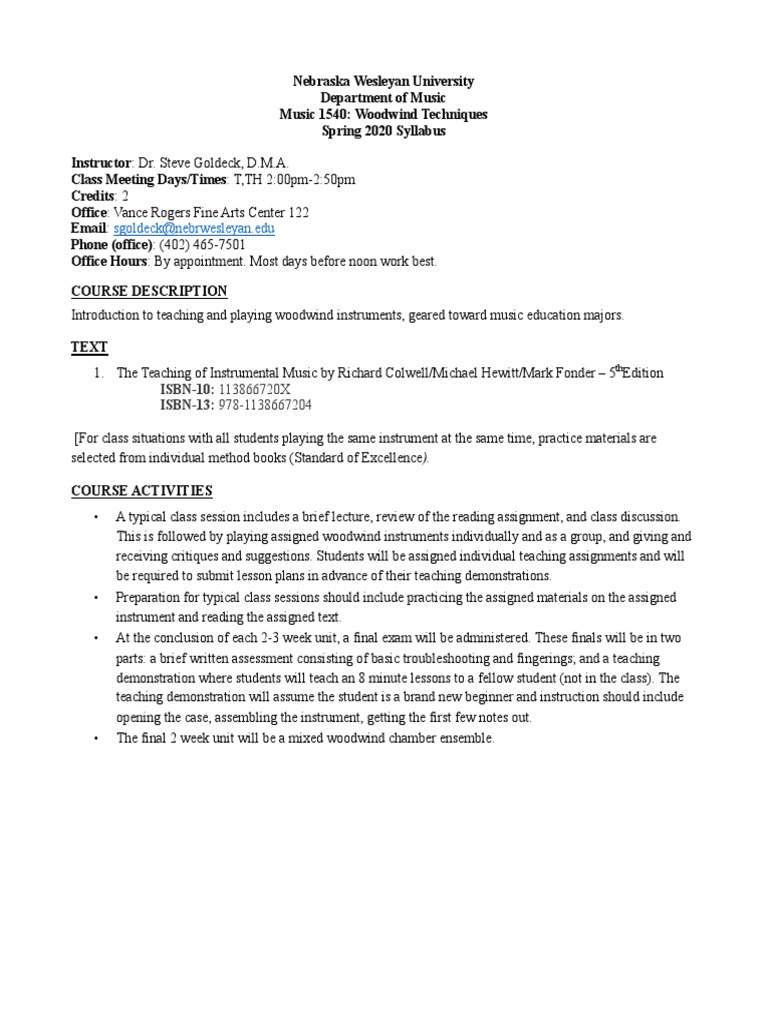 Woodwind Techniques Syllabus SP20 | PDF | Academic Integrity | Academic Dishonesty