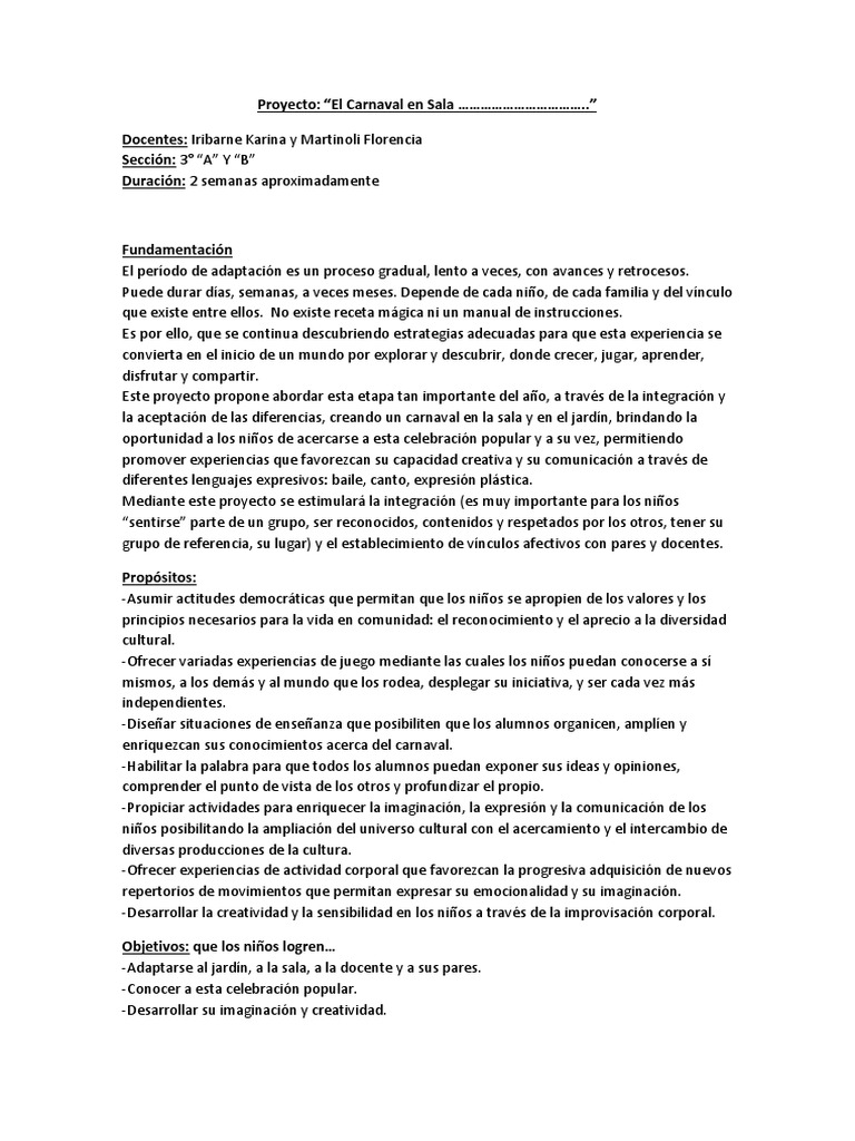 Proyecto de Carnaval para Nivel Inicial | PDF | Carnaval | Creatividad