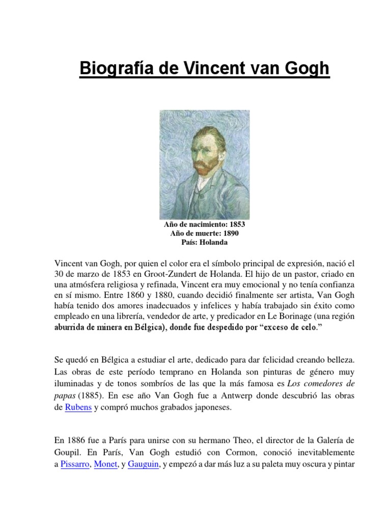 Biografía de Vincent Van Gogh Joaquin | PDF | Vincent Van Gogh | Pinturas