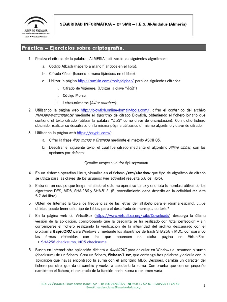 Práctica - Ejercicios Sobre Criptografía | PDF | Cifrado | Criptografía