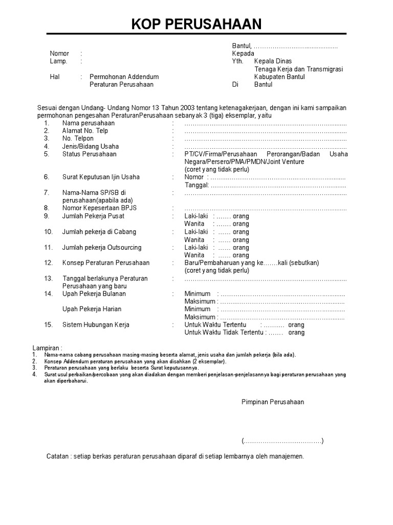 Surat Permohonan Addendum Peraturan Perusahaan | PDF