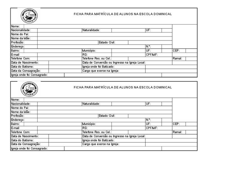 Ficha Individual De Matrícula Na Ebd Pdf