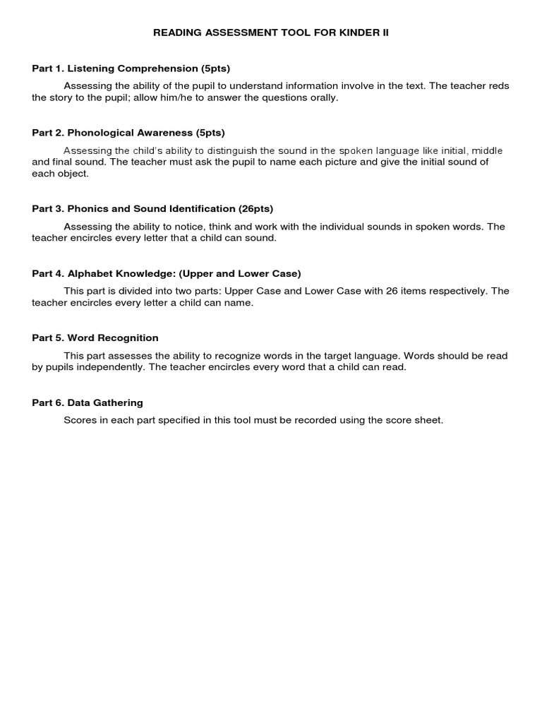 Reading Assessment Tool For Kinder Ii | PDF | Reading Comprehension ...