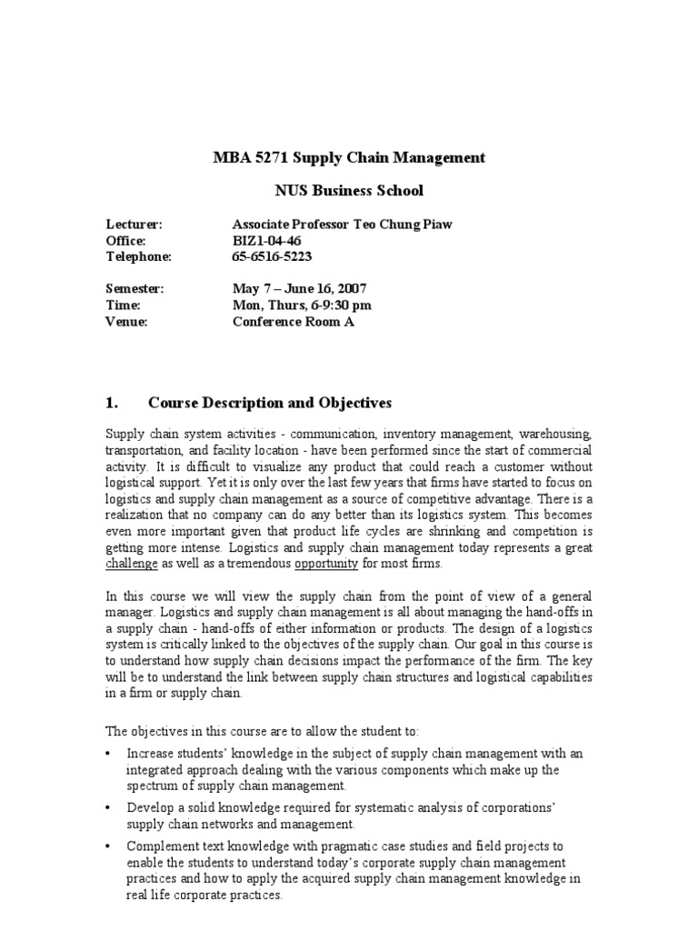 MBA Supply Chain Management Course Overview | PDF | Logistics | Supply ...