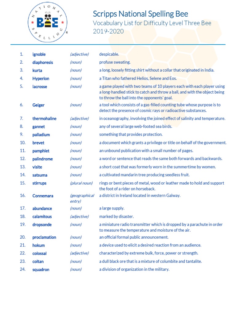 Three Bee Definitions-Spelling Bee | PDF | Noun | Verb