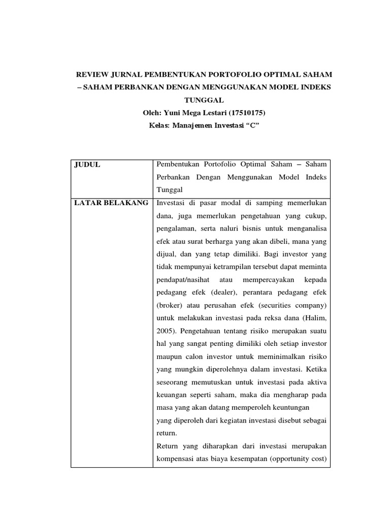 Review Jurnal Pembentukan Portofolio Optimal Saham Pdf