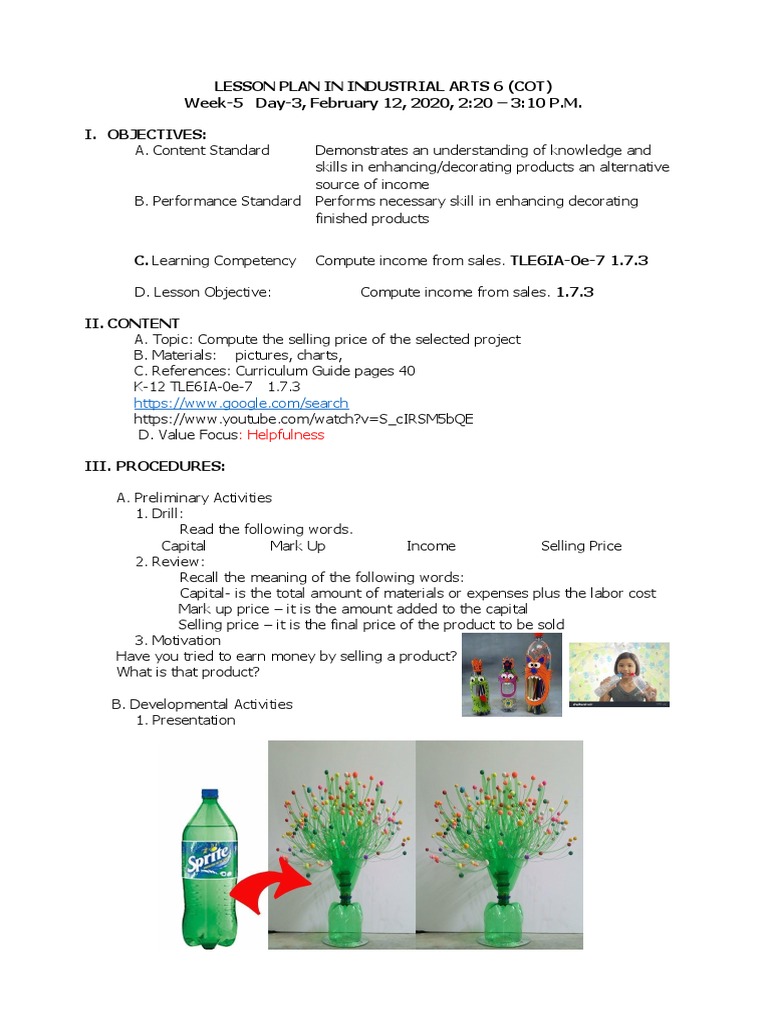 LESSON PLAN IN INDUSTRIAL ARTS 6 for COT | Prices | Lesson Plan