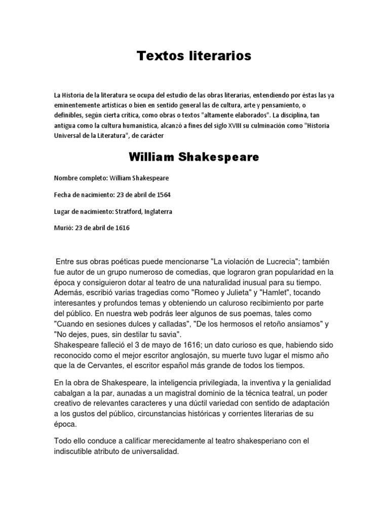 Textos Literarios | PDF | William Shakespeare
