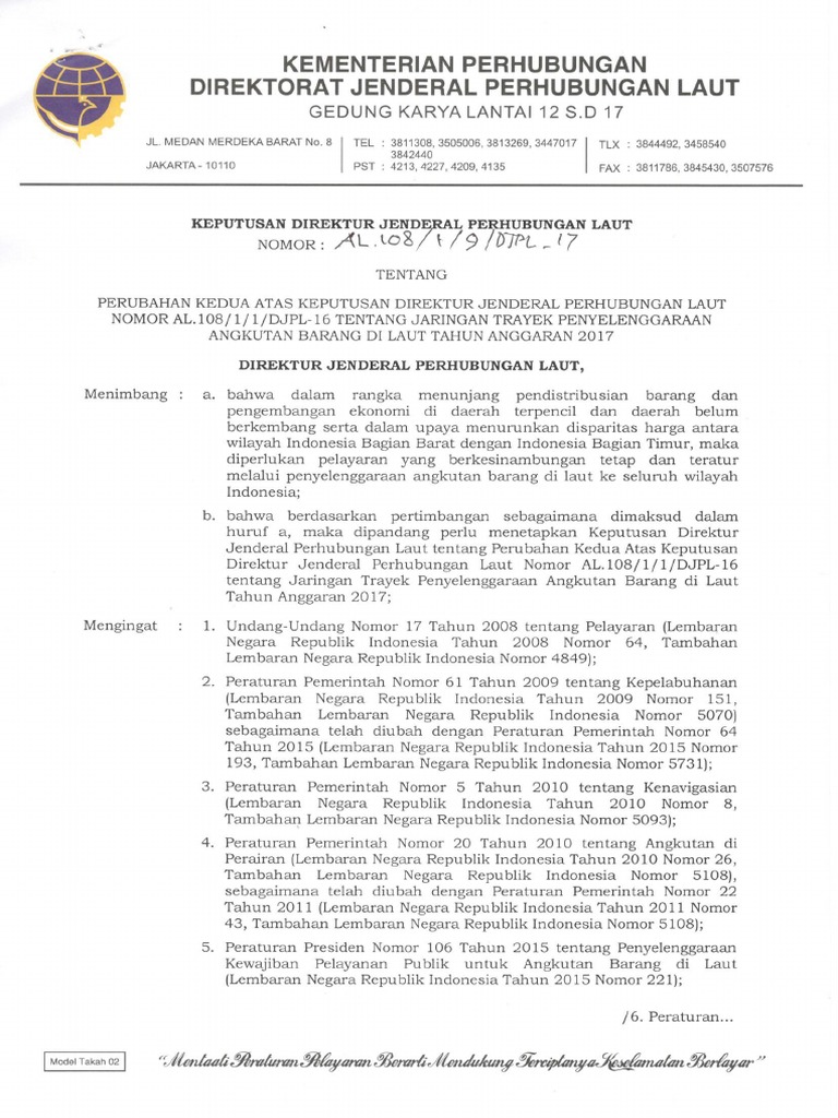 SK Trayek Tol Laut 2017 (Perubahan Kedua) | PDF