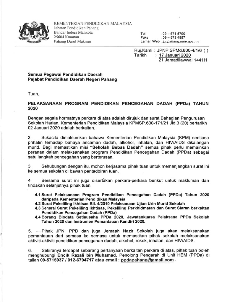 Surat Siaran Pelaksanaan Program PPDa Di Sekolah 2020 | PDF