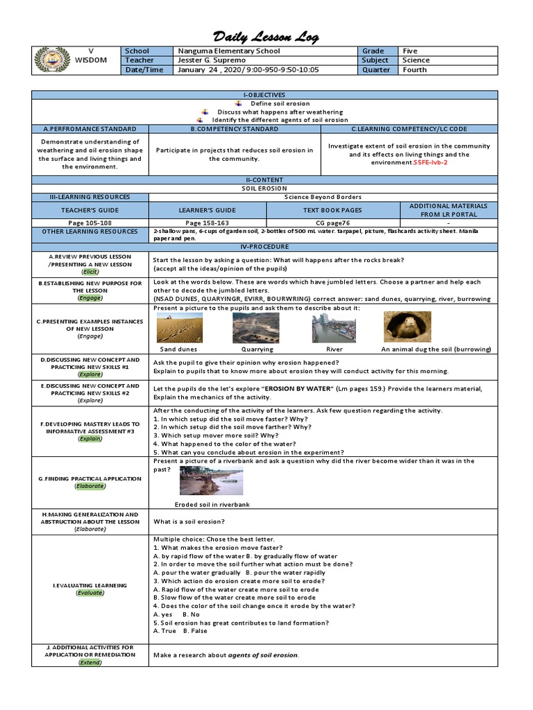 DLL (7es) Science-V Week 2 Day-1 Soil Erosio | PDF | Erosion | Soil