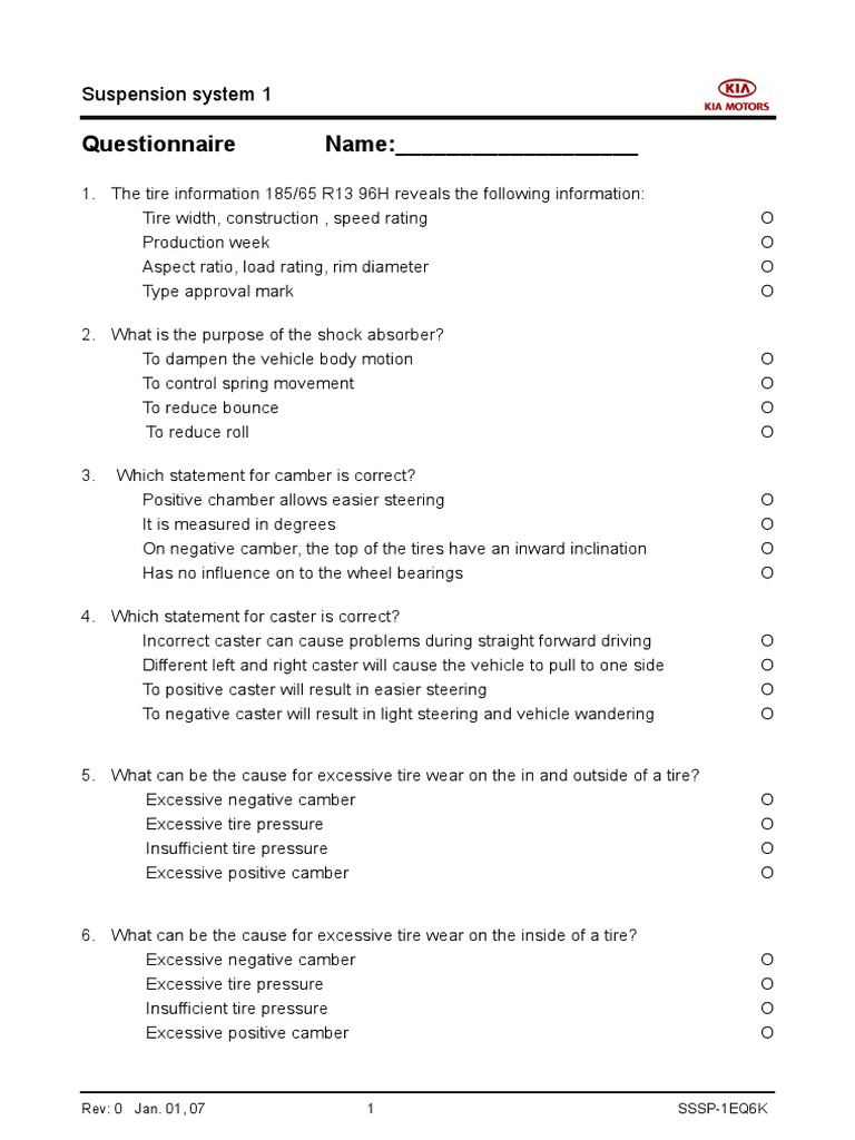 Suspension 1 Quiz-1 | PDF | Steering | Tire