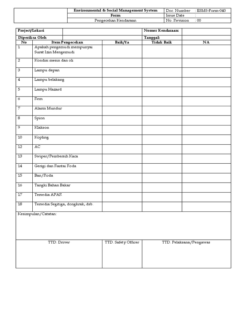ESMS-FORM-040-Checklist Pemeriksaan Kendaraan Proyek | PDF