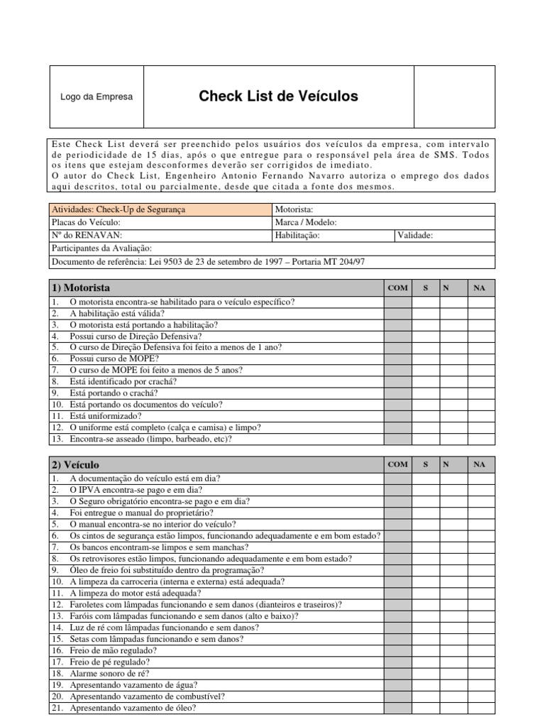 Check List diário para controle de manutenção de Veículos | Pneu ...