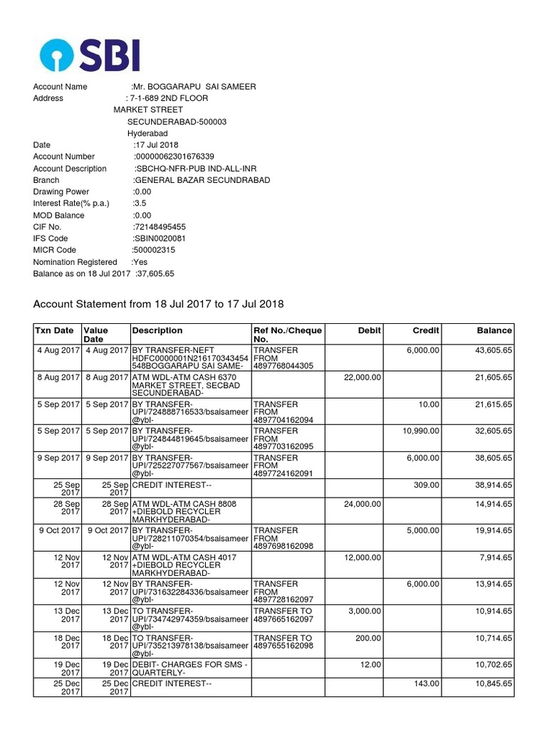 SBI Statement July 2017-2018 PDF | PDF | Credit Card | Debit Card