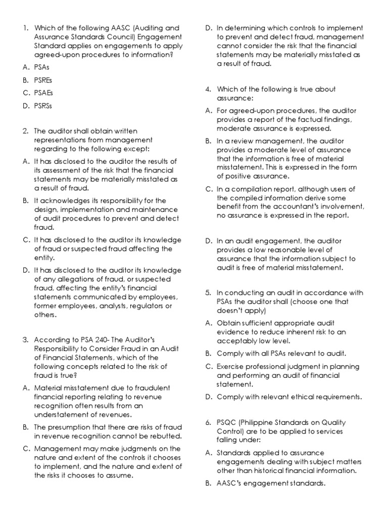 AASC Engagement Standards Quiz | PDF | Going Concern | Financial Audit