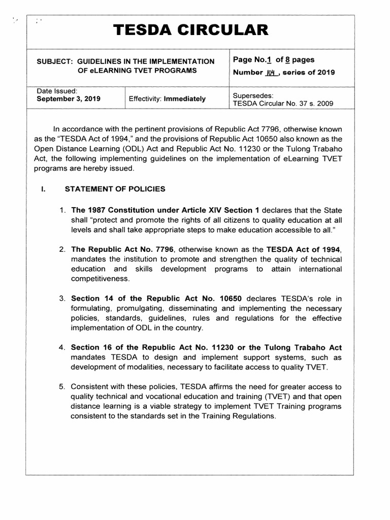 TESDA Circular No. 104-2019 - E-Learning2 | PDF | Educational ...