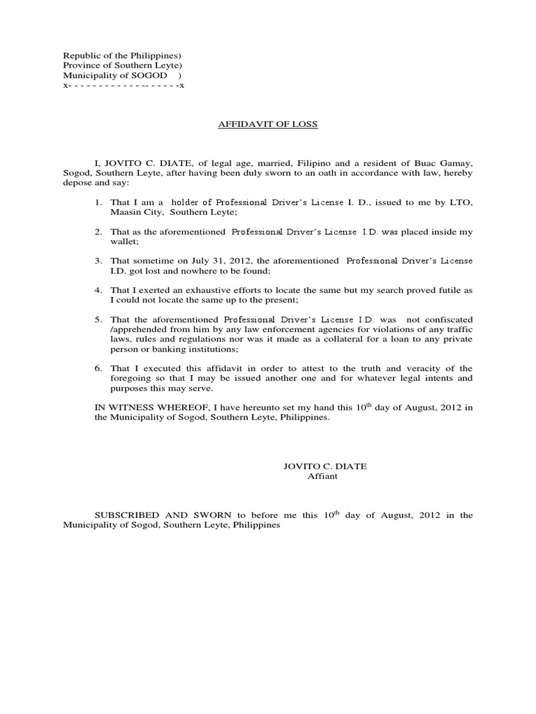 Affidavit of Loss-Driver's License | PDF