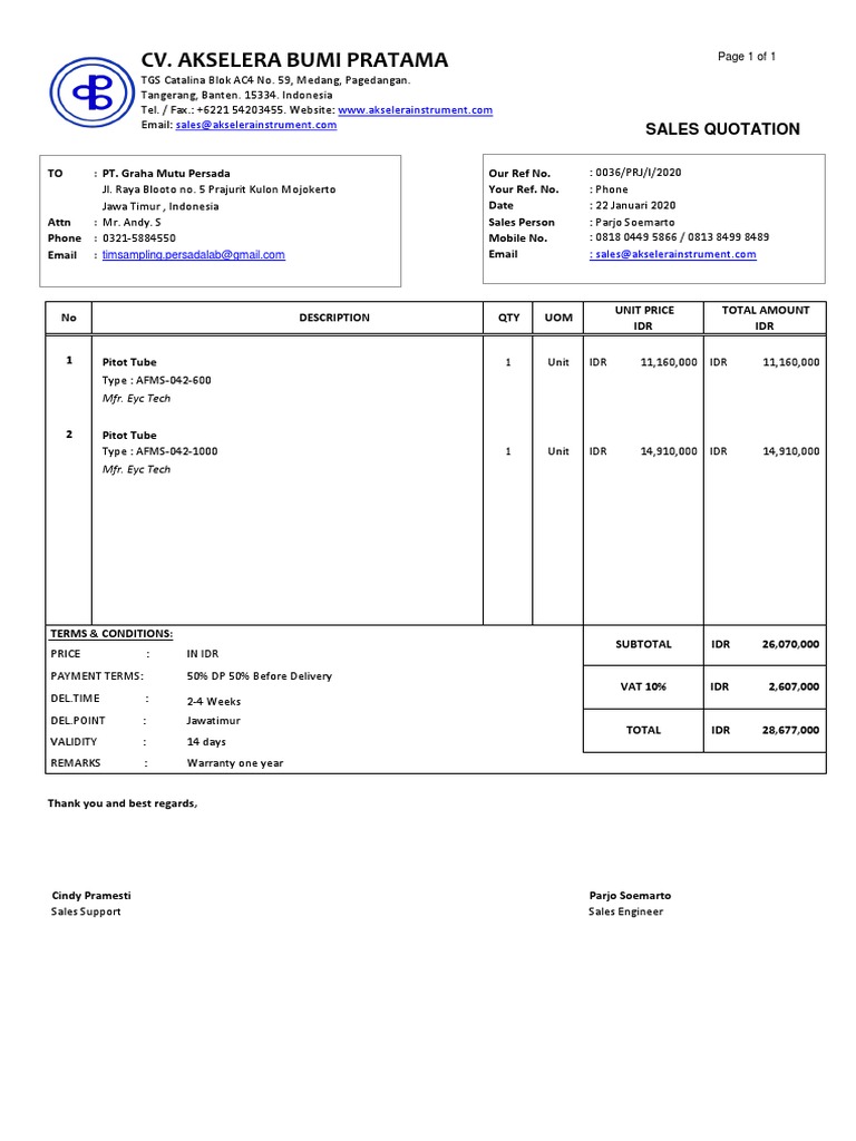 Sales Quotation for PT. Graha Mutu Persada | PDF