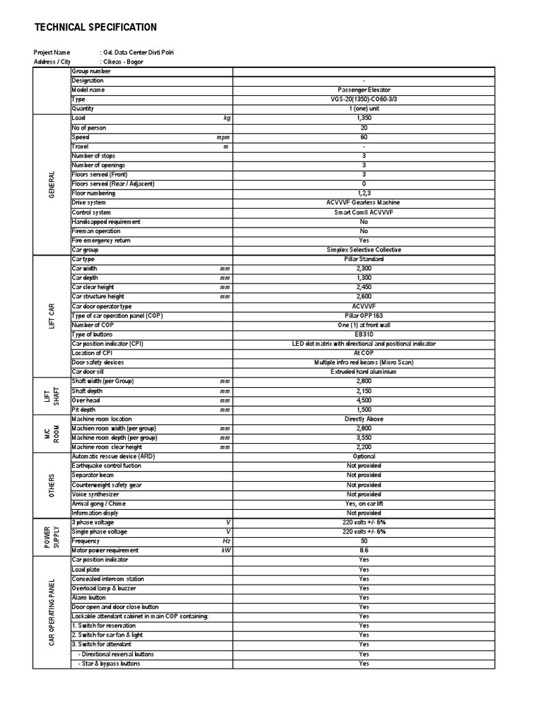 Spesifikasi Teknis Elevator Gd. Data Center Divti Polri Cikeas Bogor ...