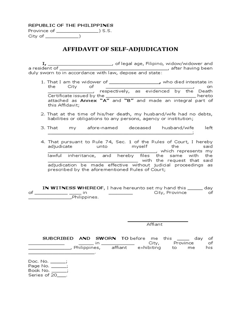 Affdavit of Self-Adjudication of Surviving Spouse | PDF
