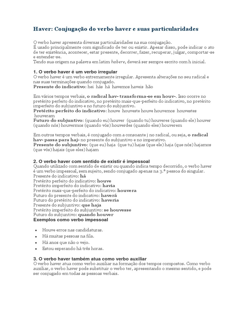 Guia Completo do Verbo Haver | PDF | Conjugação gramática | Filologia